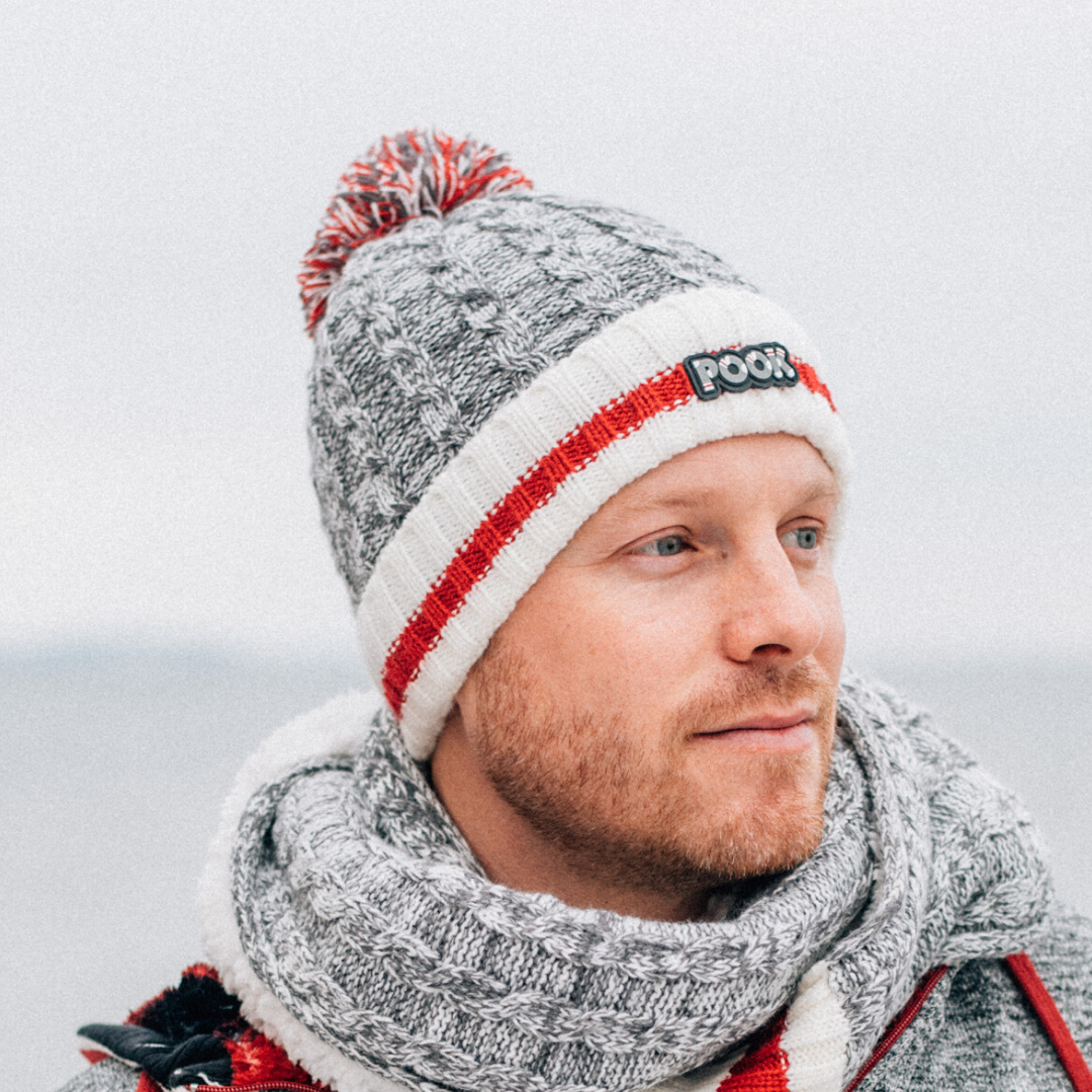 Grey with Red Knit Toque | Removable Pom Pom | POOK Canada